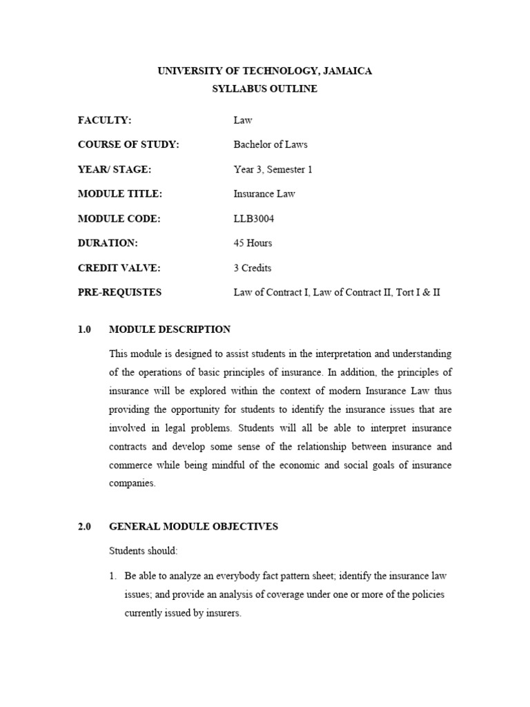 Insurance Law Syllabus - UTech Jamaica | PDF | Insurance | Knowledge