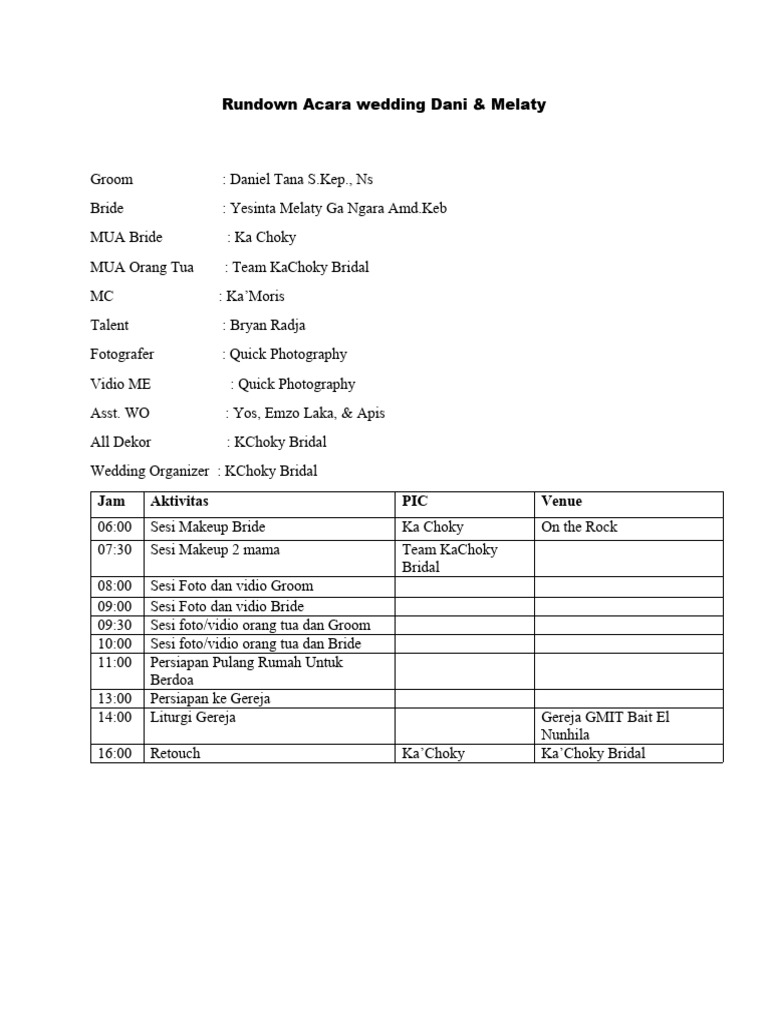 Rundown Acara Wedding Dani & Melaty | PDF