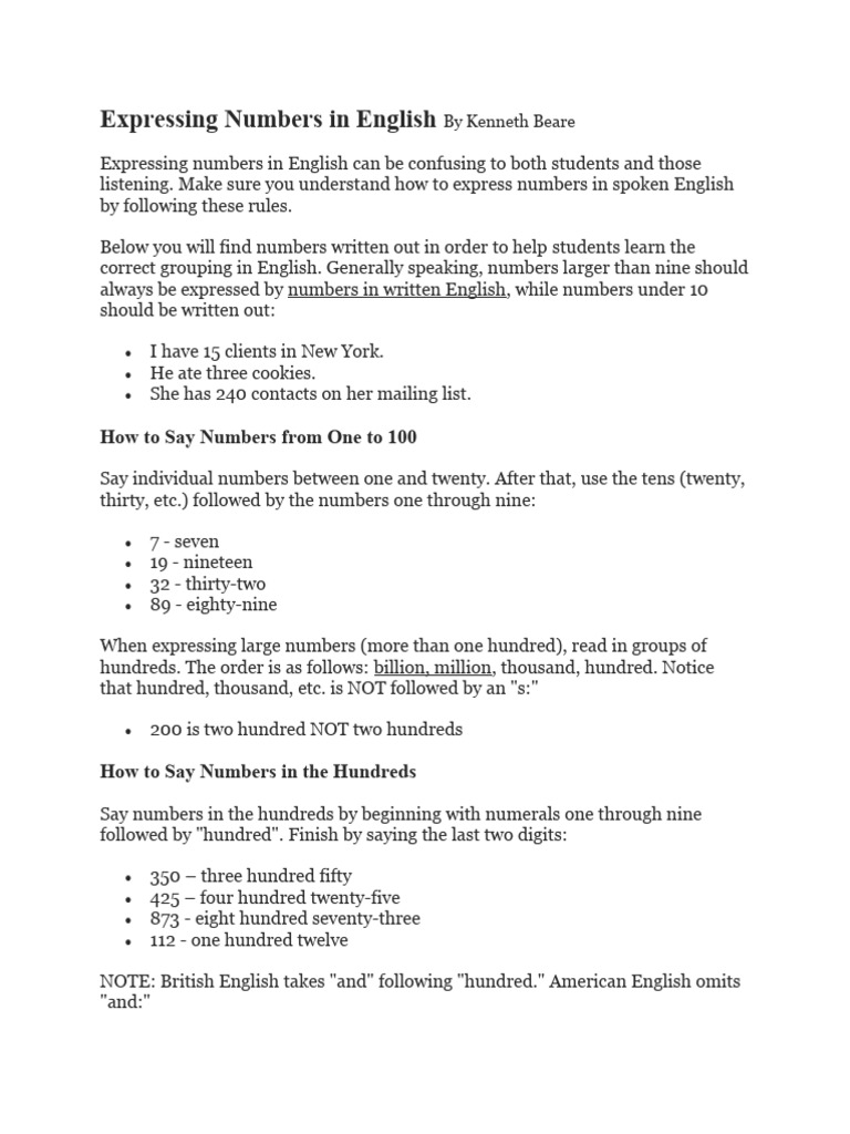 Expressing Numbers In English Download Free Pdf United States