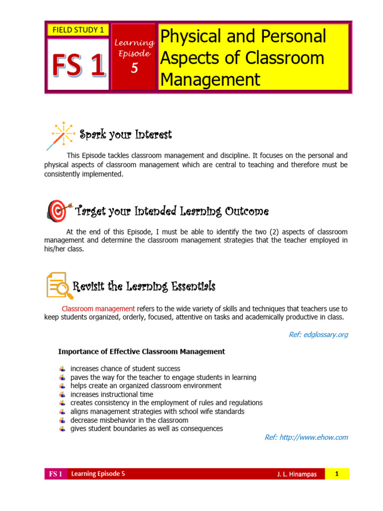 FS 1 Learning Episode 5 | PDF | Classroom Management | Classroom