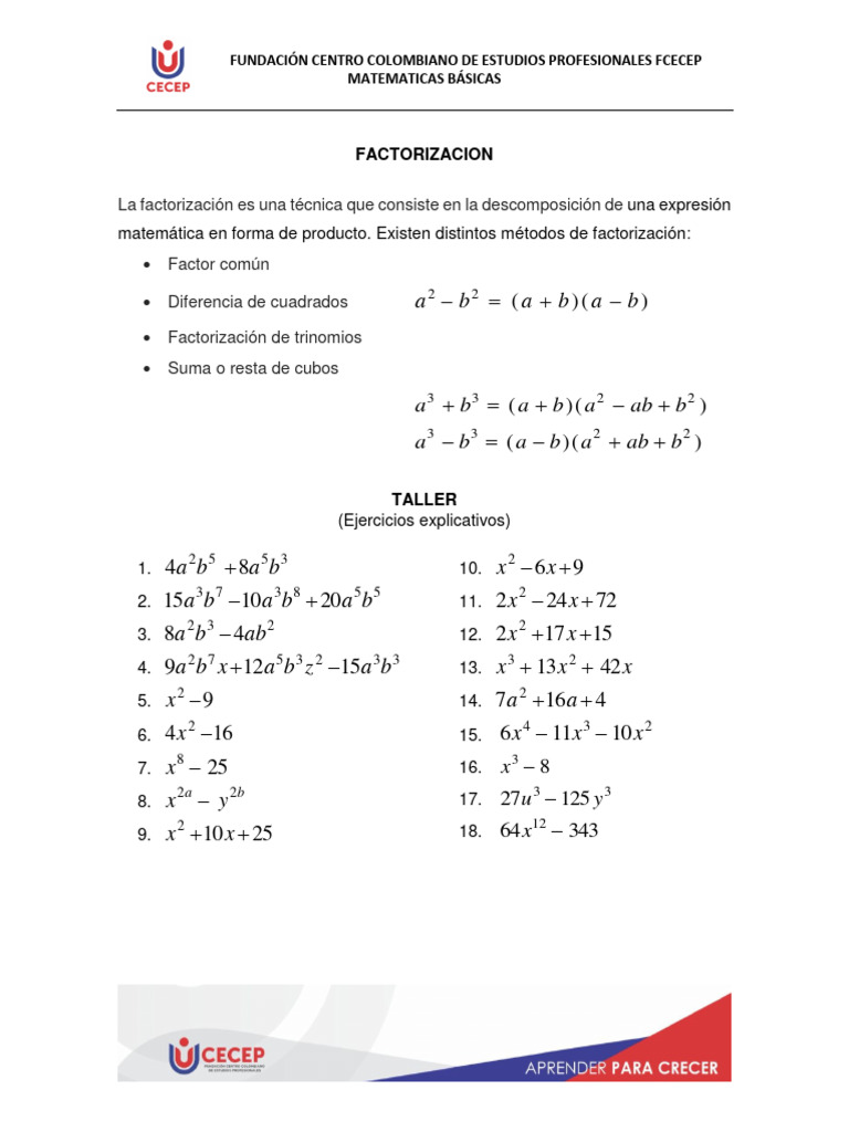 Factorización Matematicas Básicas 2021-2 | Descargar gratis PDF | Factorización | Matemáticas