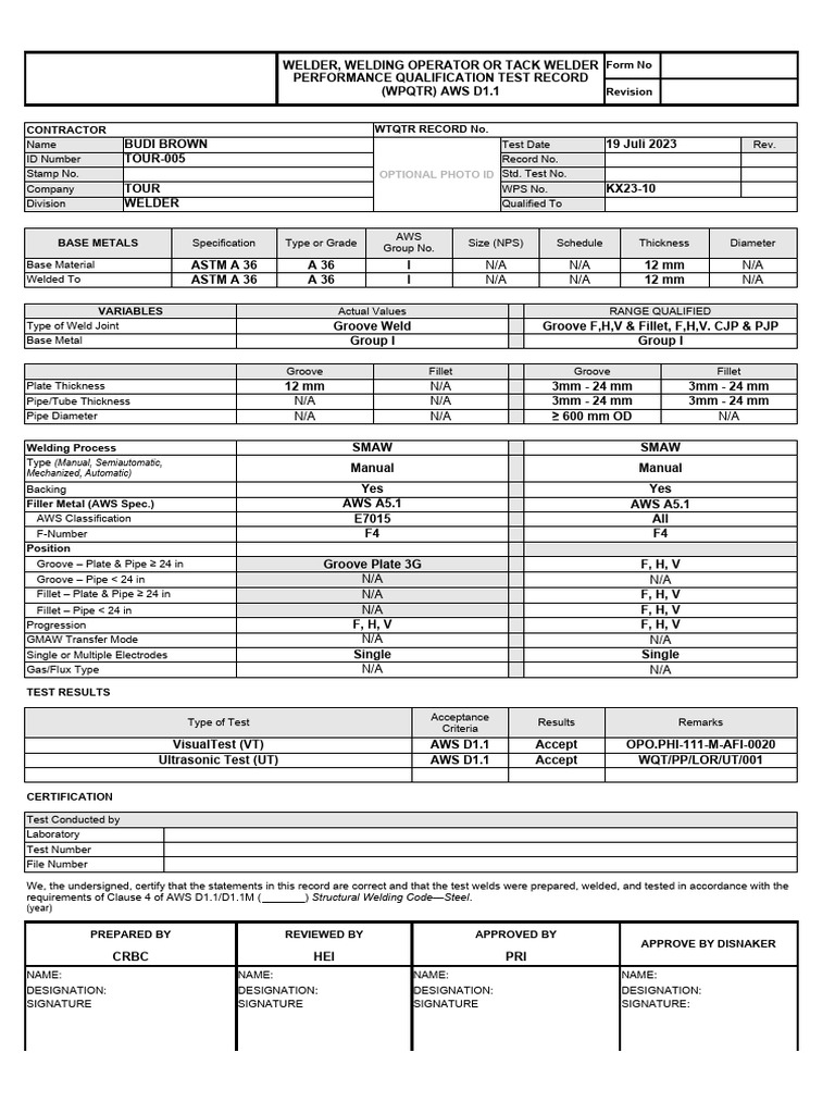 3g Tar WPQTR Form Aws d1.1 | PDF | Pipe (Fluid Conveyance) | Welding