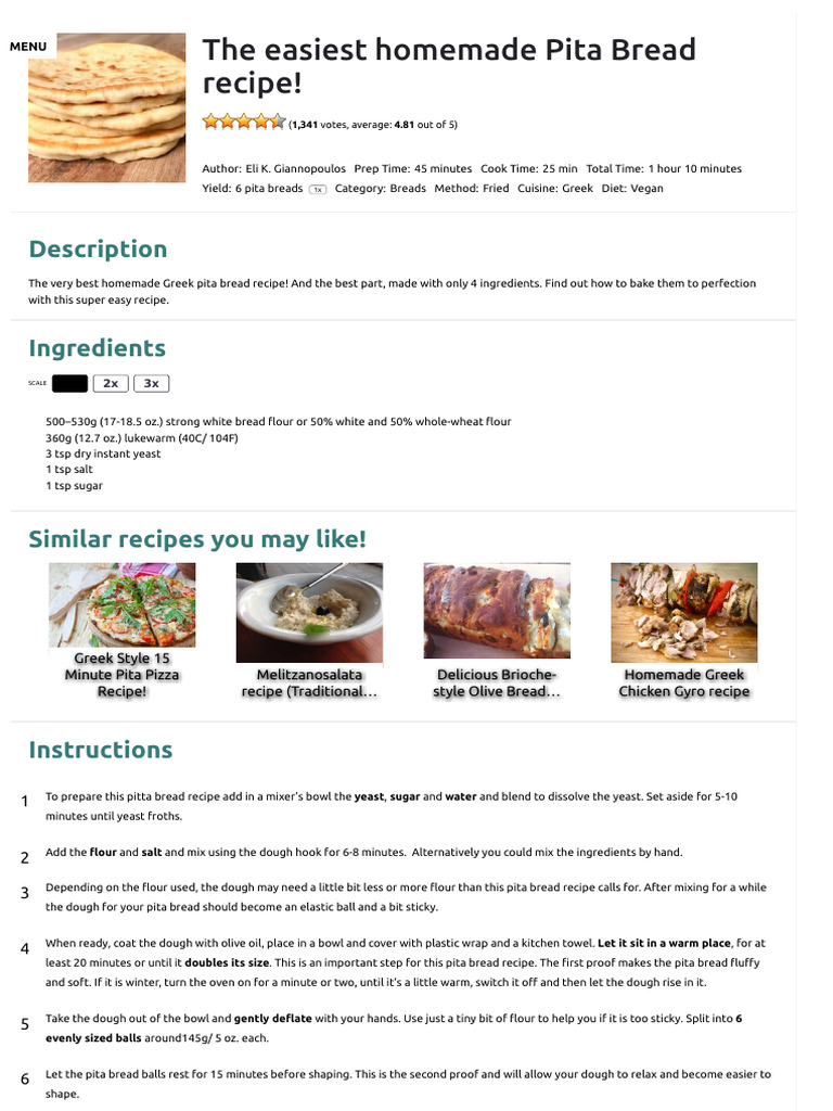 The Easiest Homemade Pita Bread Recipe! - My Greek Dish | PDF | Fat ...