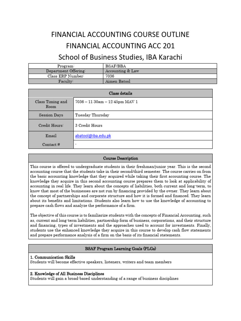 Financial Accounting Course Outline Fall 2023-Undergraduate Level | PDF ...