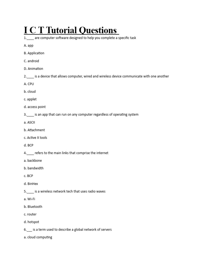 ICT Tutorials Questions | PDF | Computer Network | Information