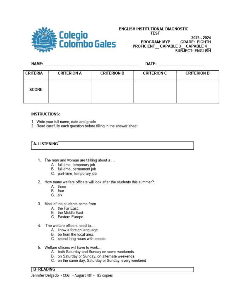 8th Grade-Evaluation-2023-2024 | PDF | Human Communication