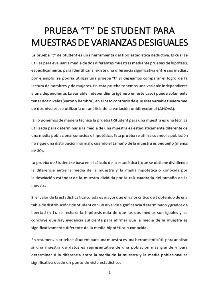 Prueba T de Student para Muestras de Varianzas Desiguales | PDF ...