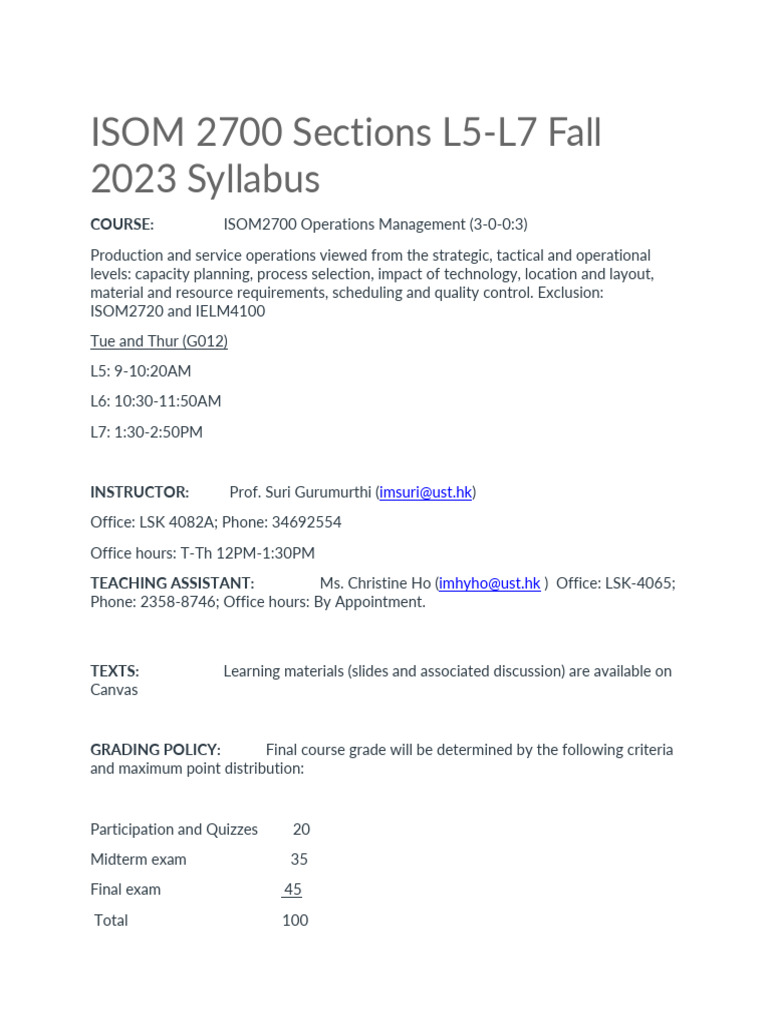 ISOM 2700 Sections L5 To L7 Fall 2023 Syllabus | PDF | Operations ...