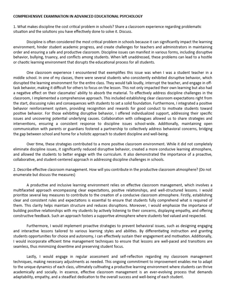 Comprehensive Examination in Advanced Educational Psychology | PDF ...