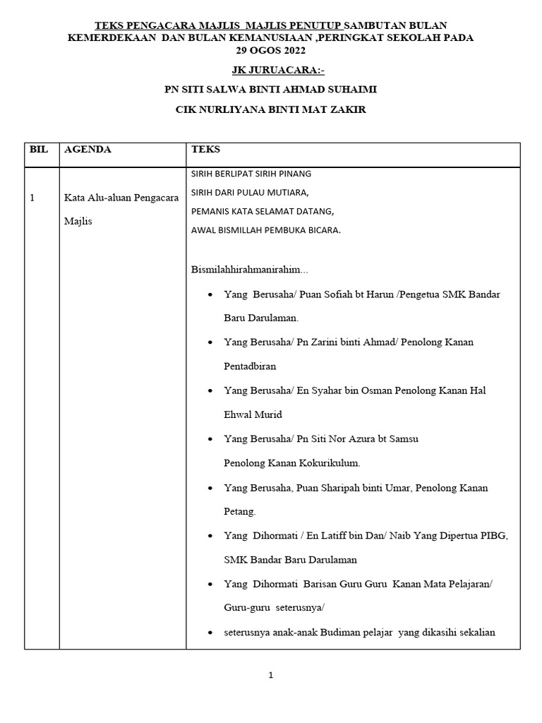 Teks Pengacara Majlis Penutupan Bulan Kemerdekaan Kali Ke 65 | PDF Teks Pengacara Majlis Penutupan Bulan Kemerdekaan Kali Ke 65 | PDF