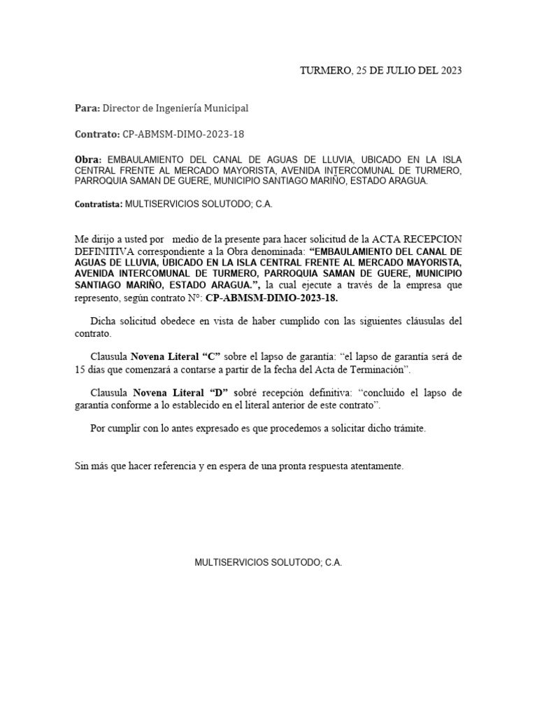 23 - Solicitud de Recepcion Definitiva | PDF