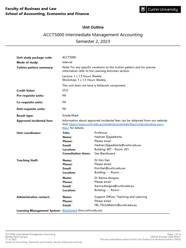 Acct5000 Intermediate Management Accounting Semester 2 2023 Bentley
