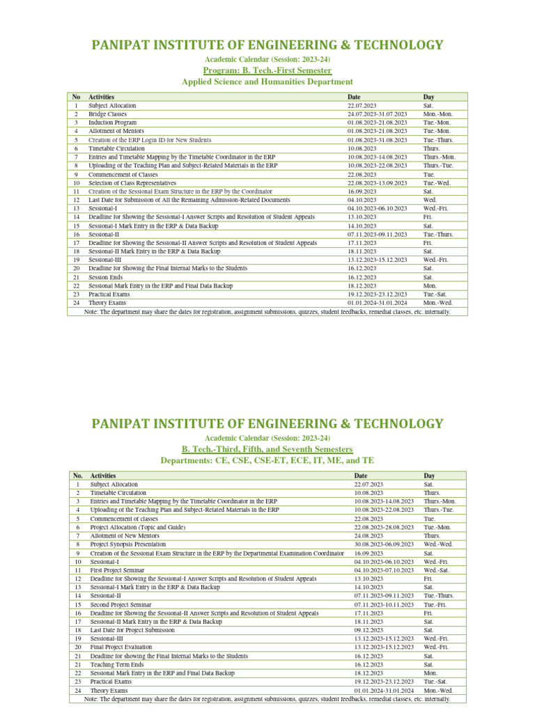 PIET 2023-24 Academic Calendar Overview | PDF | Academic Term