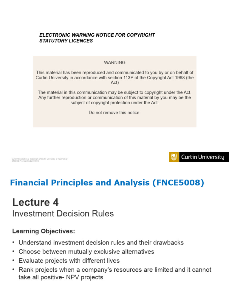 Lecture4 - Investment Decision Rules S22023 | PDF | Net Present Value | Economies