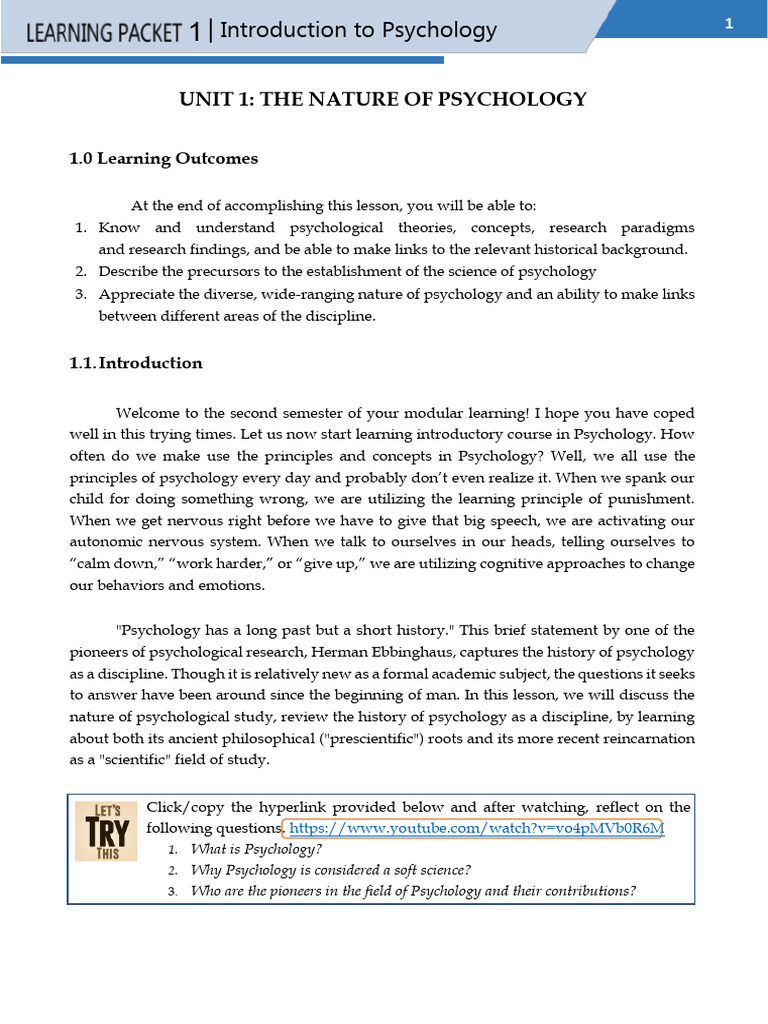 LP 1 in Intro To Psychology | PDF | Psychology | Thought