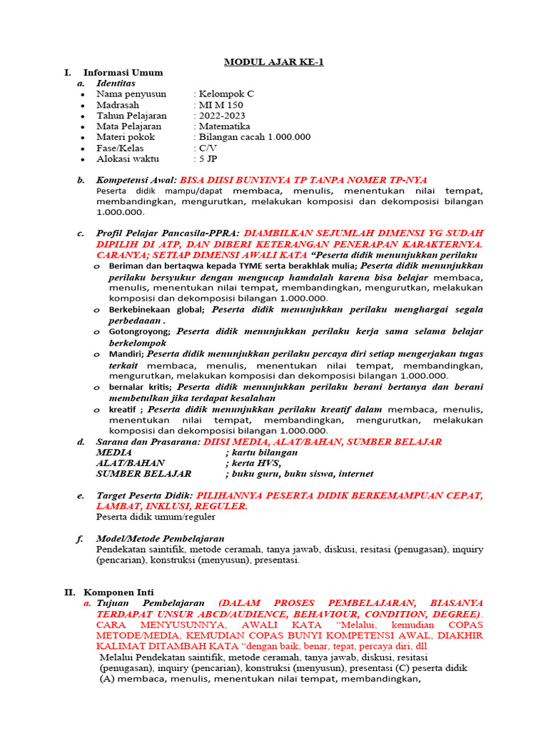 Modul Ajar Kelas 5 Matematika Bilangan Cacah | PDF
