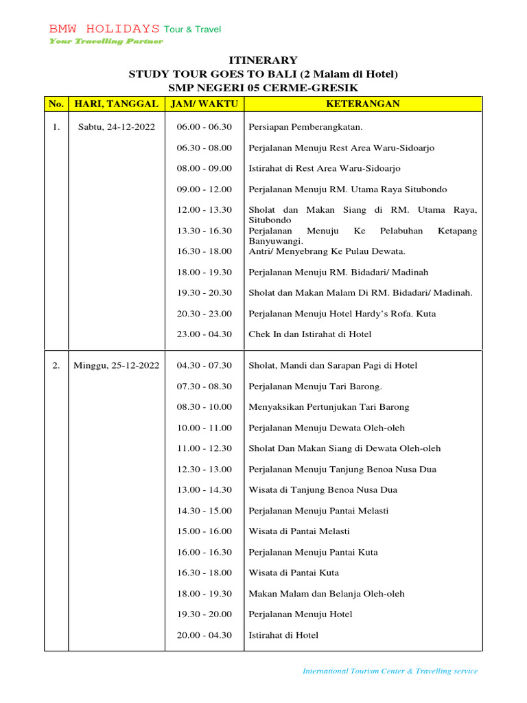 Itinerary Study Tour SMPN Cerme To Bali | PDF