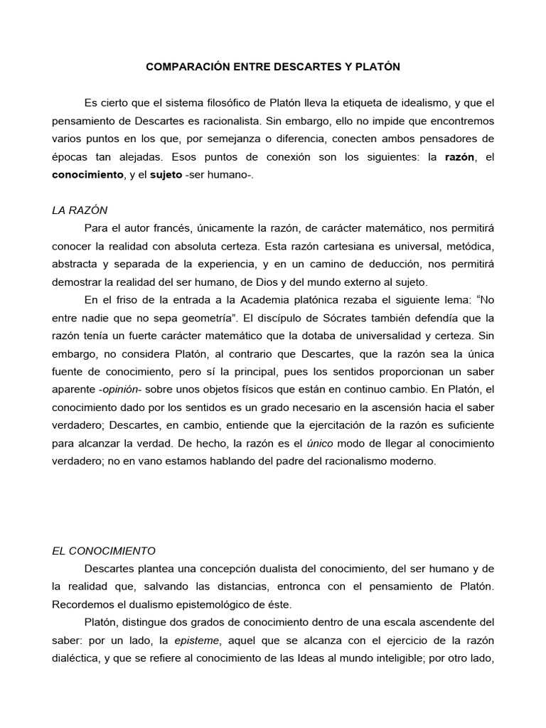 Descartes vs. Platón: Razón y Conocimiento | PDF | Conocimiento | René ...