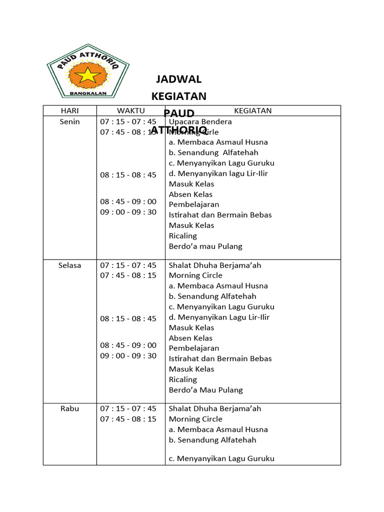 Jadwal Kegiatan Paud Atthoriq | PDF