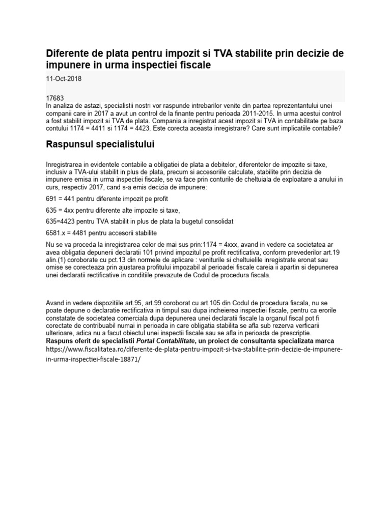 Diferente de Plata Pentru Impozit Si TVA Stabilite Prin Decizie de ...
