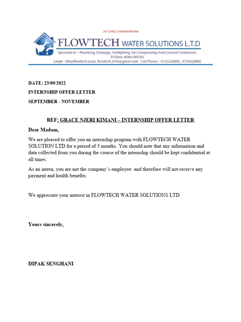 Internship Acceptance Letter Grace Njeri | PDF