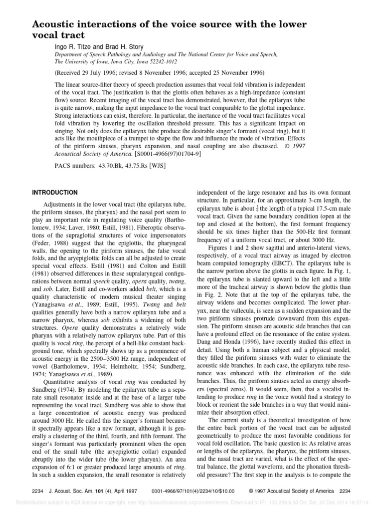 Acoustic Interactions of The Voice Source With The Lower Vocal Tract ...