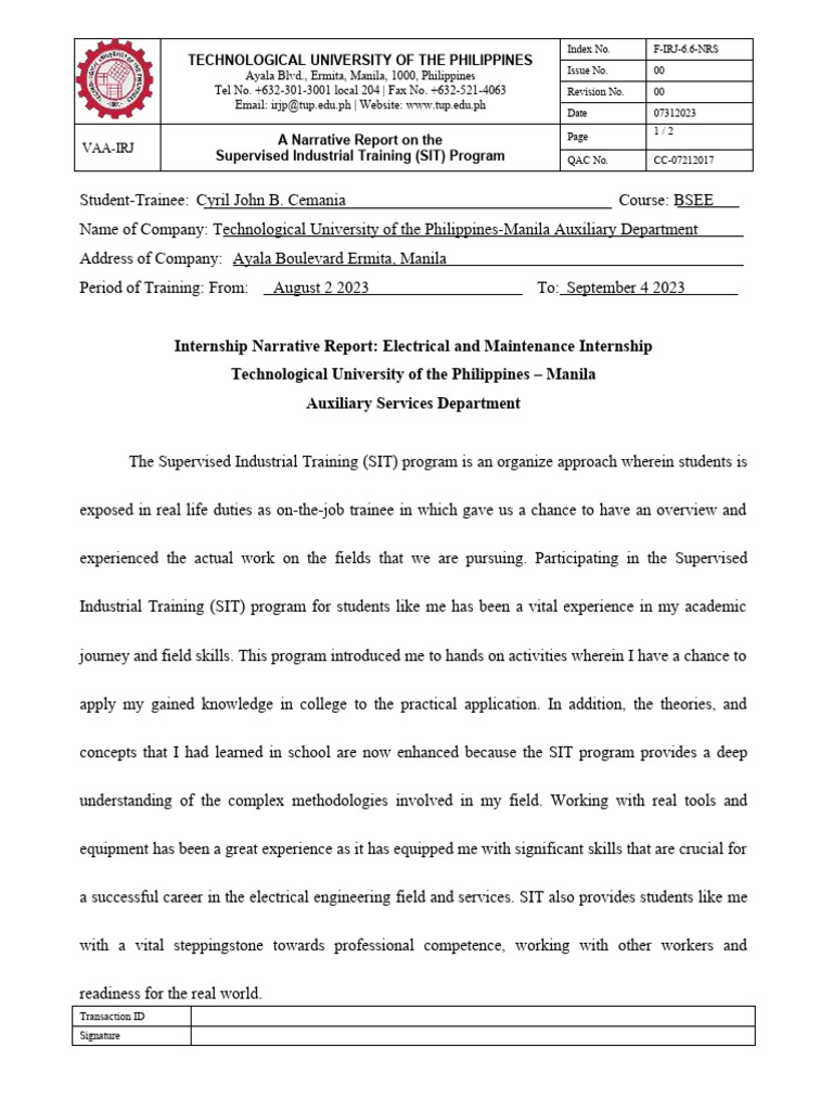 Narrative Report Sit 2023 | PDF | Electrical Wiring | Electrician