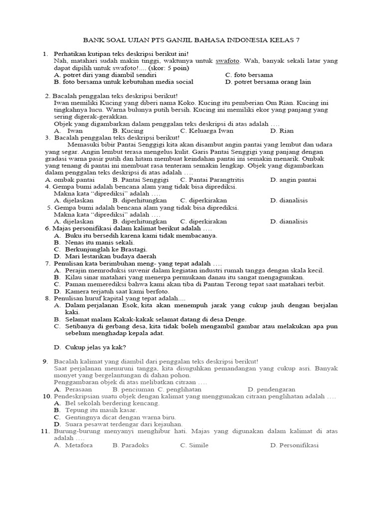 Bank Soal Ujian PTS Ganjil Bahasa Indonesia Kelas 7 | PDF