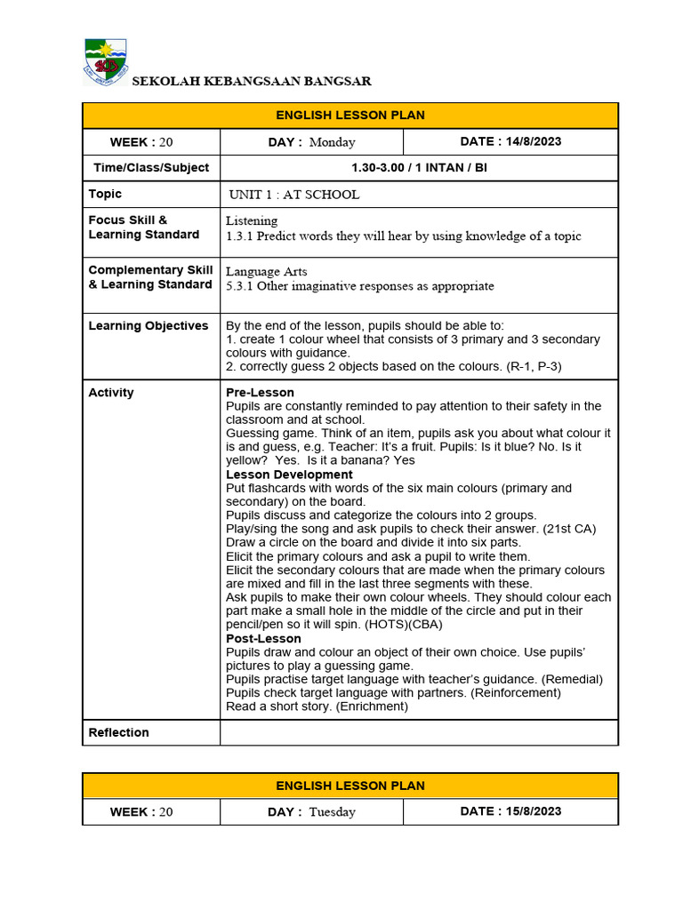 Primary English Lesson Plan Samples | PDF | Lesson Plan | Learning