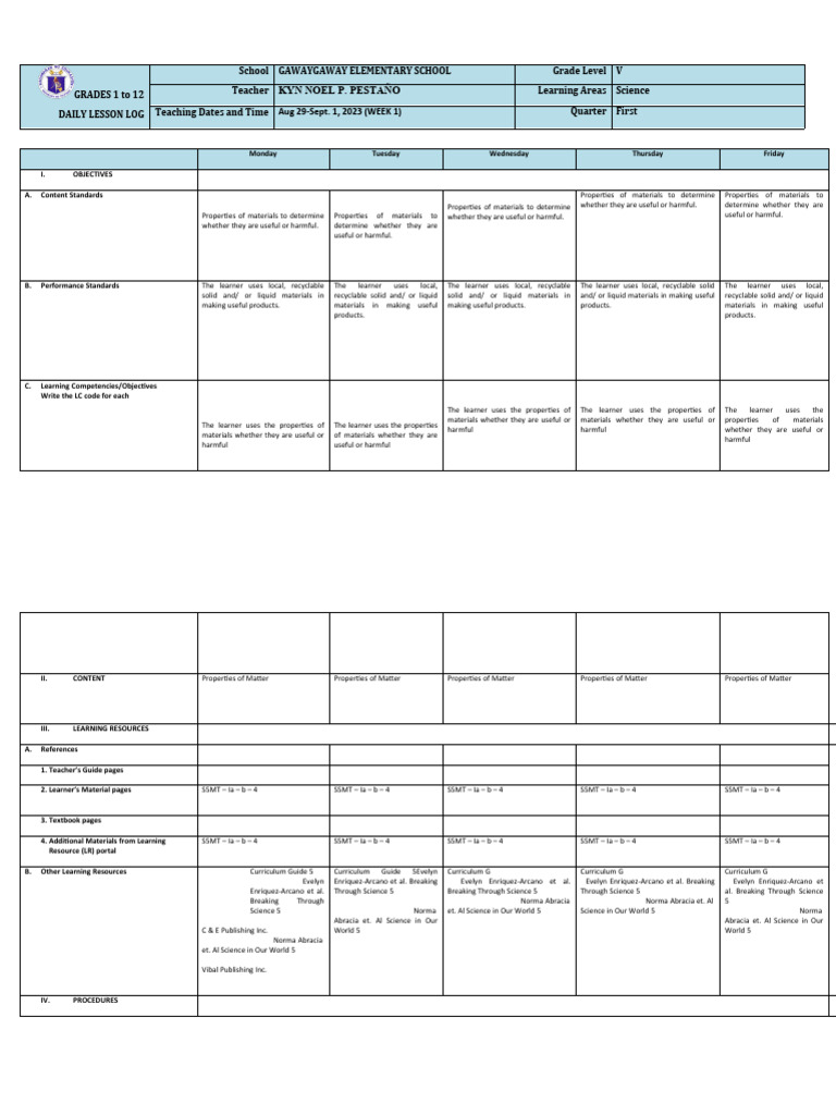Science 5 q1 w1 DLL | PDF | Ductility | Hardness
