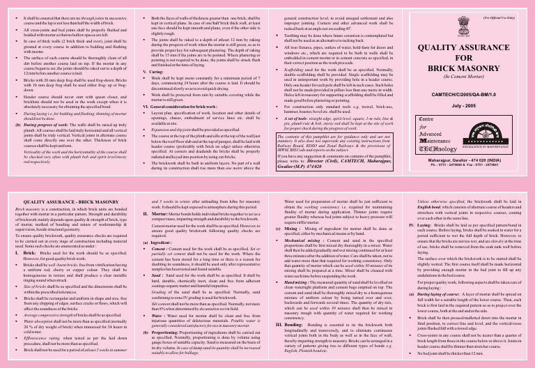 Pamphlet On Quality Assurance For Brick Masonry | PDF | Brick | Masonry