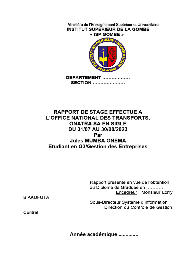 Rapport de stage à l'ONATRA SA | PDF | République démocratique du Congo ...