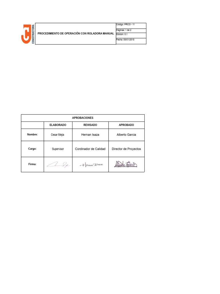 PRCO - 11 Procedimiento Operación Con Roladora Manual | PDF