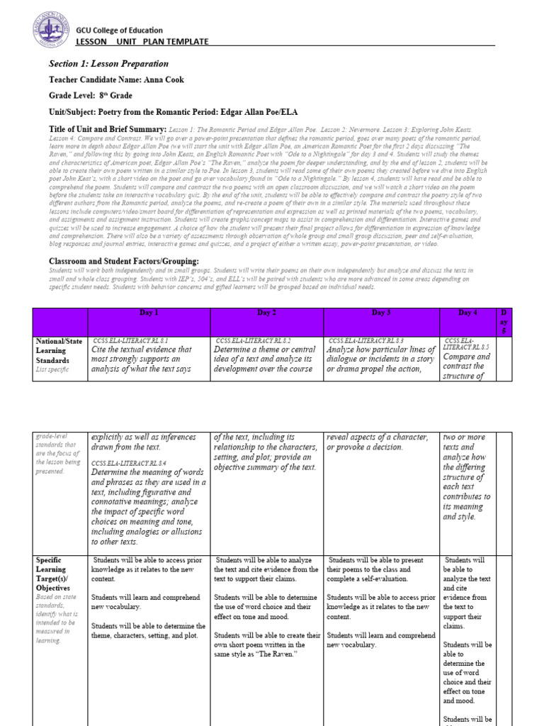 4-Day Unit On Poe and Keats | PDF | Reading Comprehension | The Raven