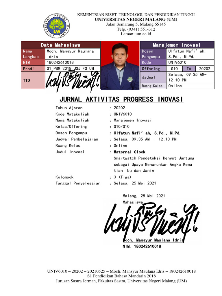 Jurnal Aktivitas Progress Inovasi: Data Mahasiswa Manajemen Inovasi | PDF