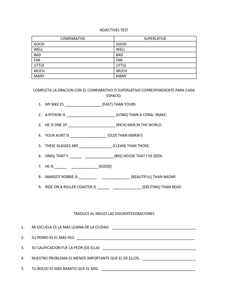 Adjectives Test | PDF