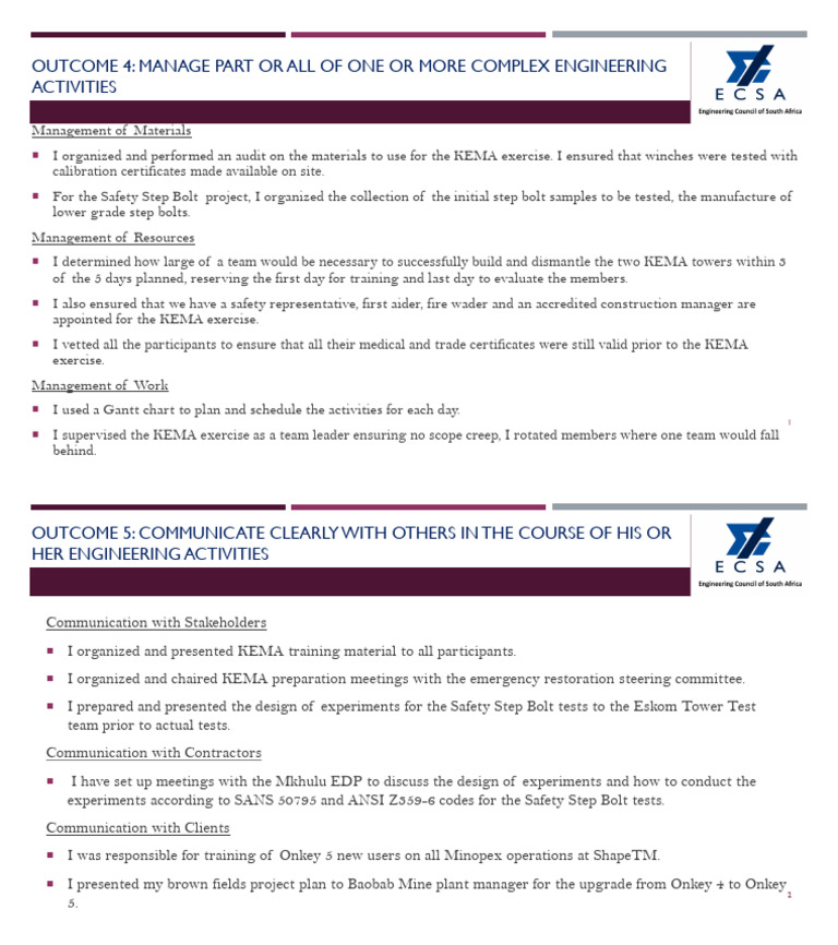 Outcome 4: Manage Part or All of One or More Complex Engineering Activities | PDF
