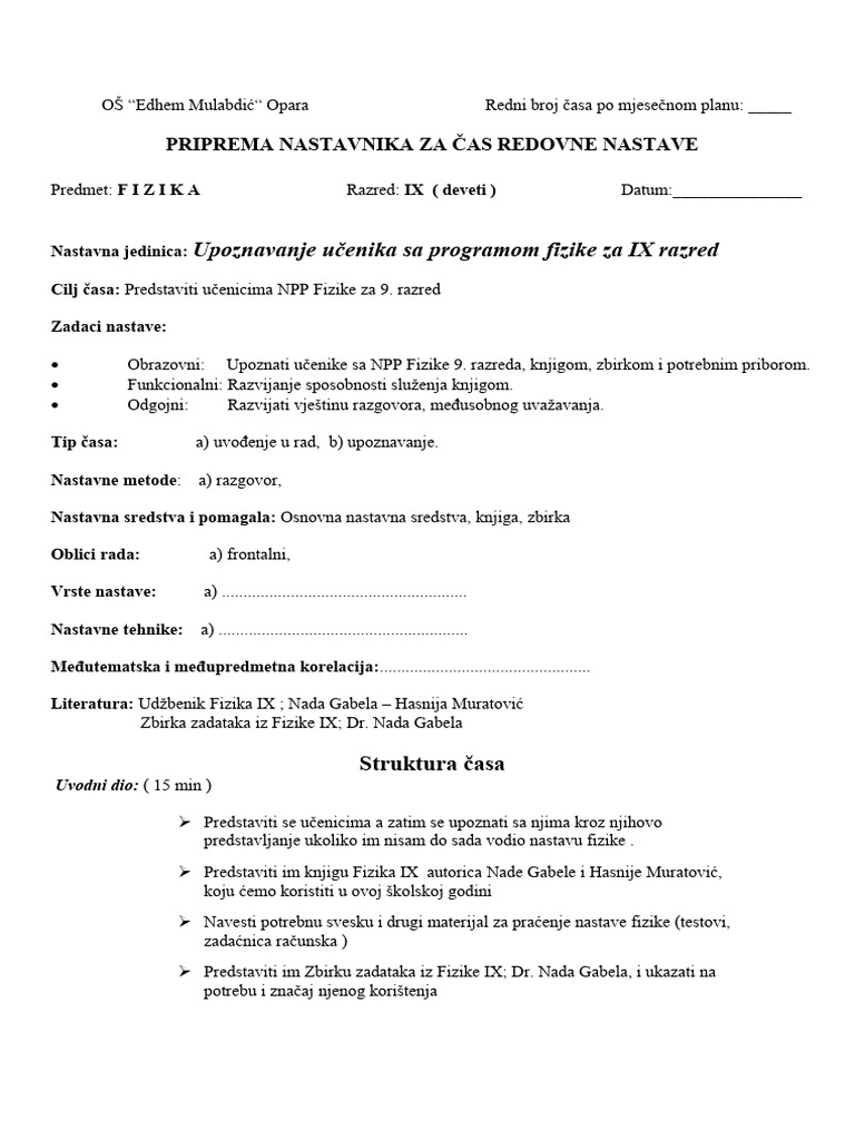 F IX 1 Upoznavanje Učenika Sa Programom Fizike Za IX Razred | PDF