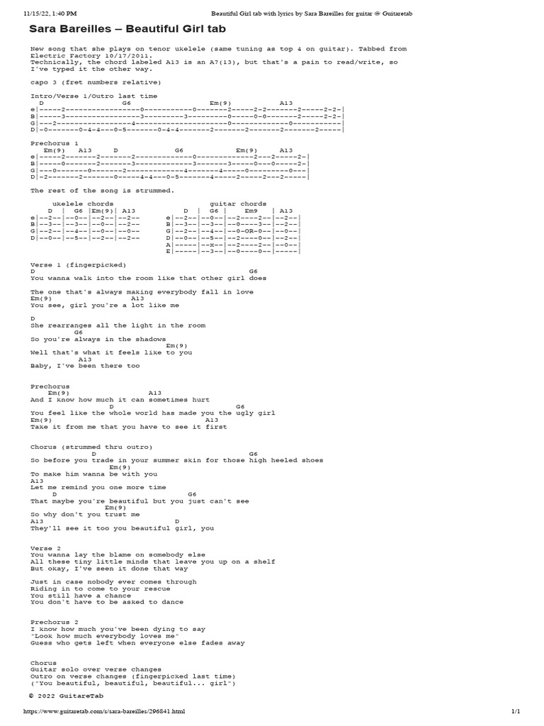 Beautiful Girl Tab With Lyrics by Sara Bareilles For Guitar | PDF ...