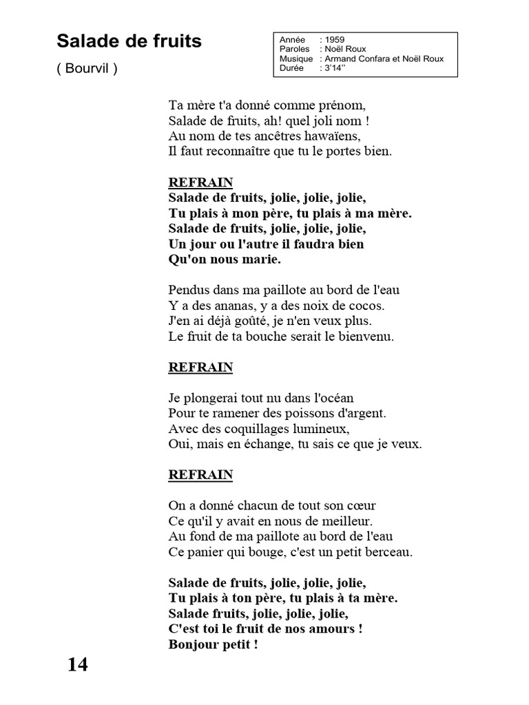 Paroles de "Salade de fruits" de Bourvil | PDF | Livres de cuisine ...