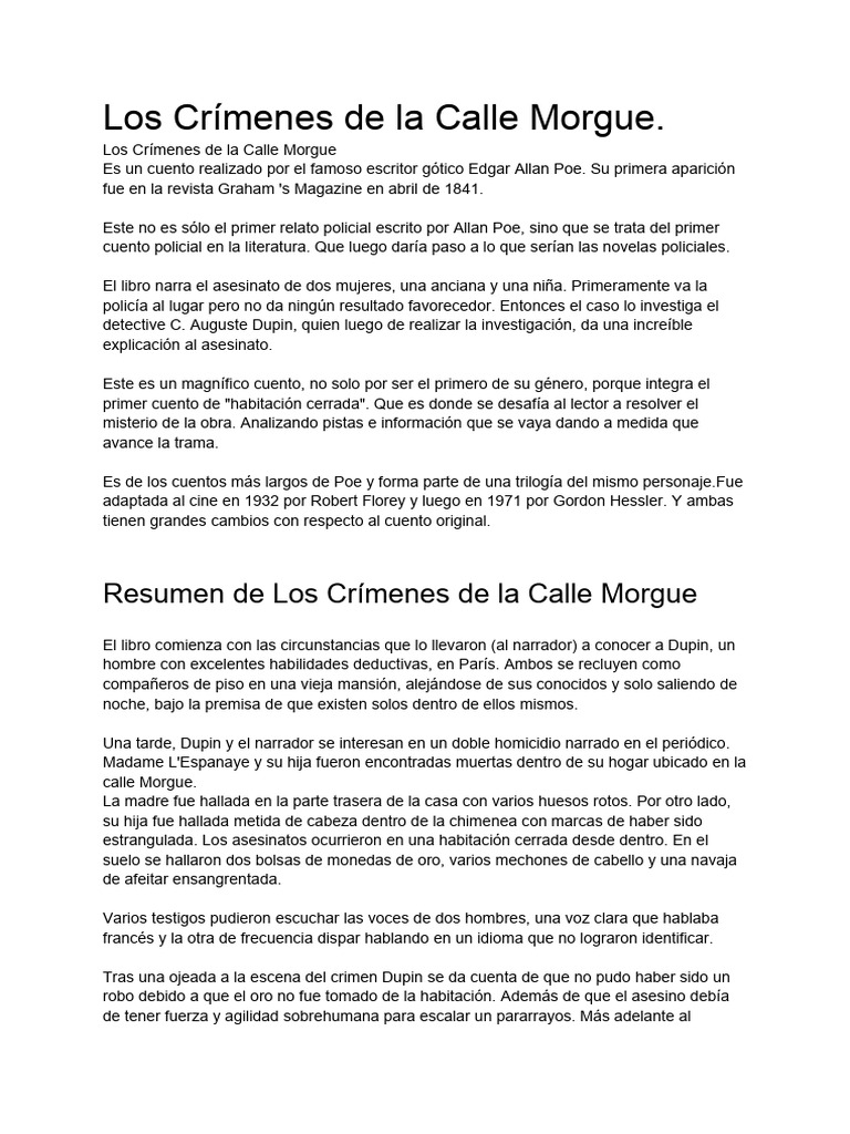 Los Crímenes de La Calle Morgue | PDF | C. Auguste Dupin | Los asesinatos en la calle Morgue