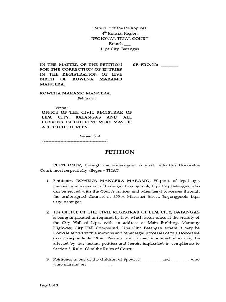 (Petition For Correction of Entries CLV) Rowena Maramo Mancera | PDF | Common Law | Judiciaries