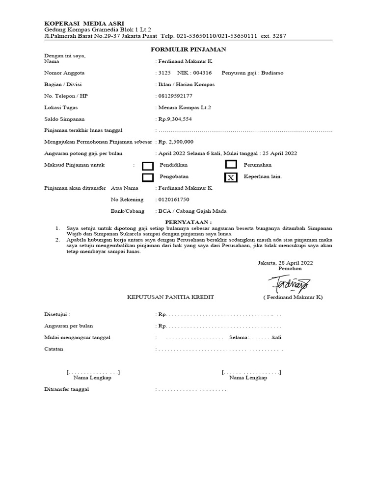 Form Pinjaman Reguler | PDF