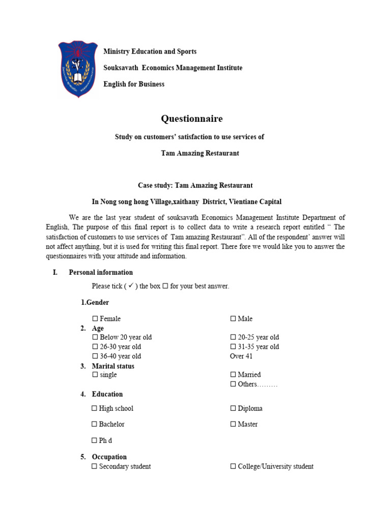 Questionnaire | PDF | Restaurants | Economies