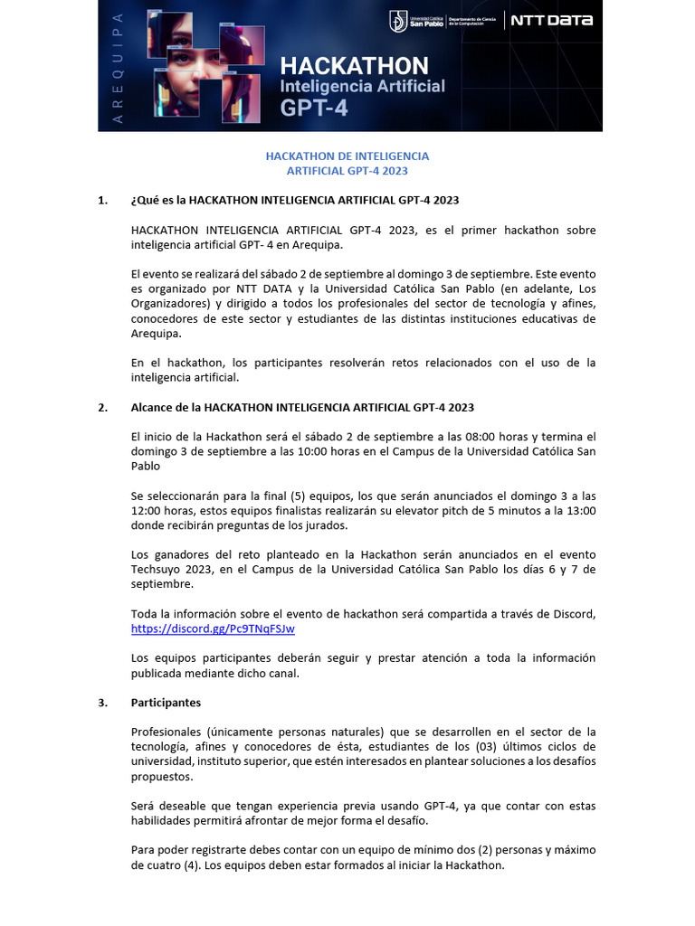 NTT DATA Bases Hackaton Inteligencia Artificial GPT 4 - AQP | PDF | Red mundial | Internet y web
