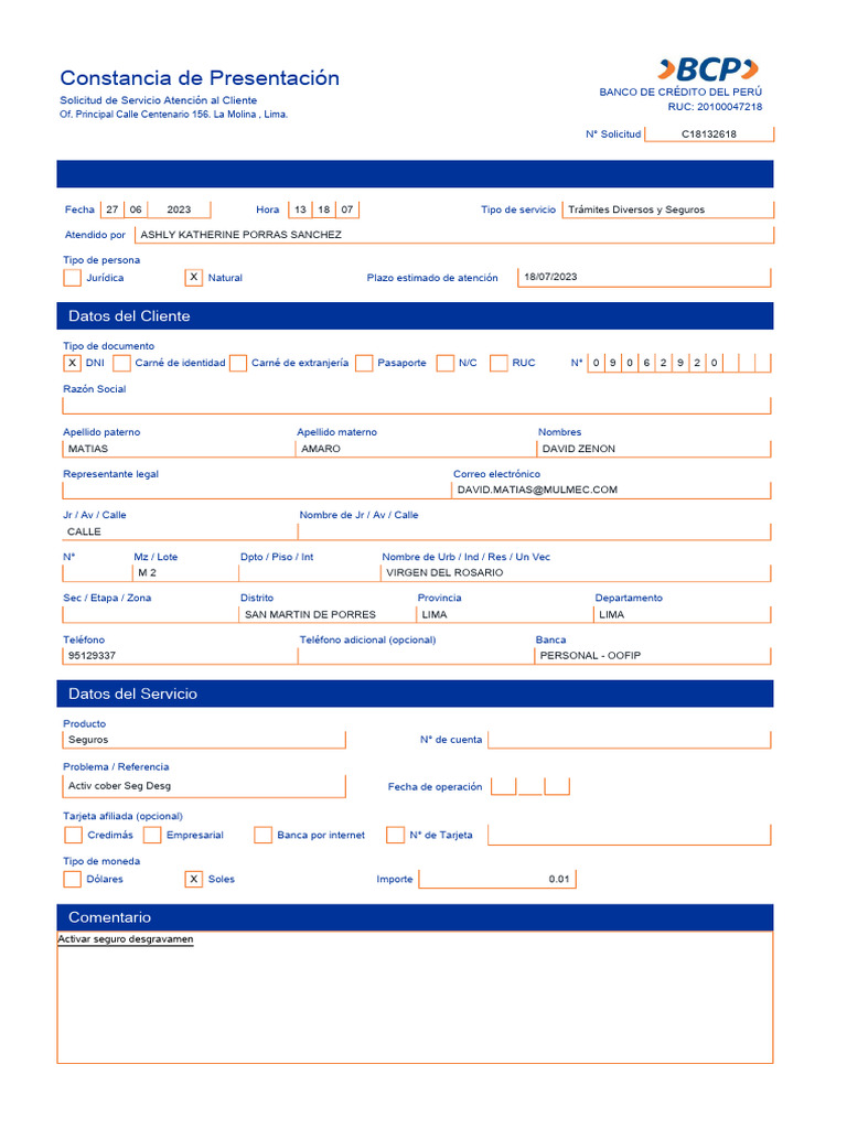 BCP Constancia de Presentación - C18132618 | PDF