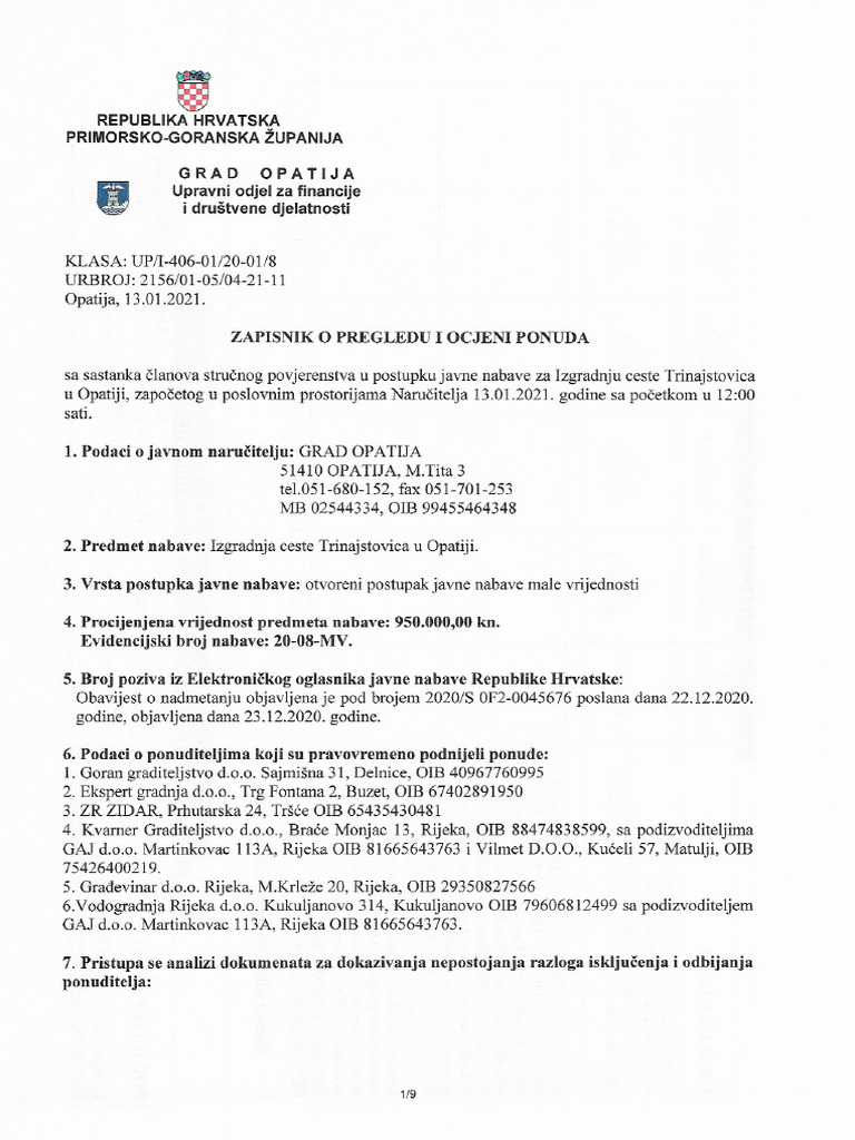 Zapisnik o Pregledu I Ocjeni Ponuda | PDF