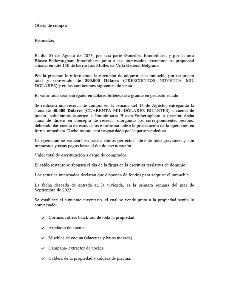 Carta Oferta de Compra | PDF | Economias