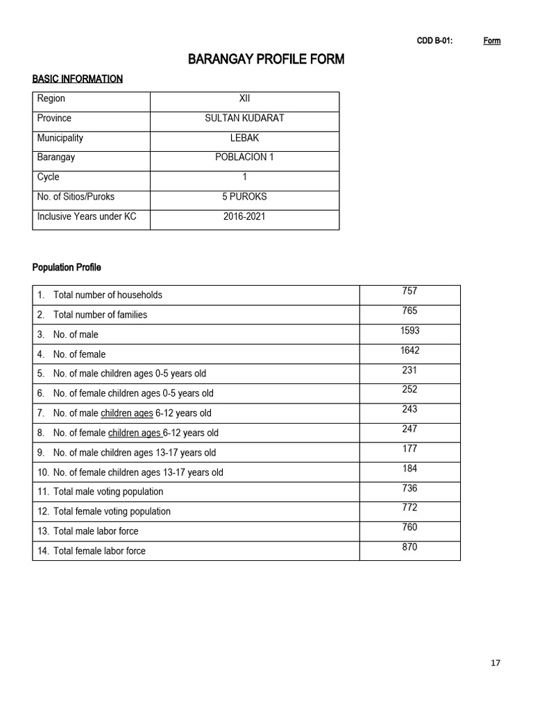 Barangay Poblacion 1 Profile Summary | PDF | Taxes | Poverty