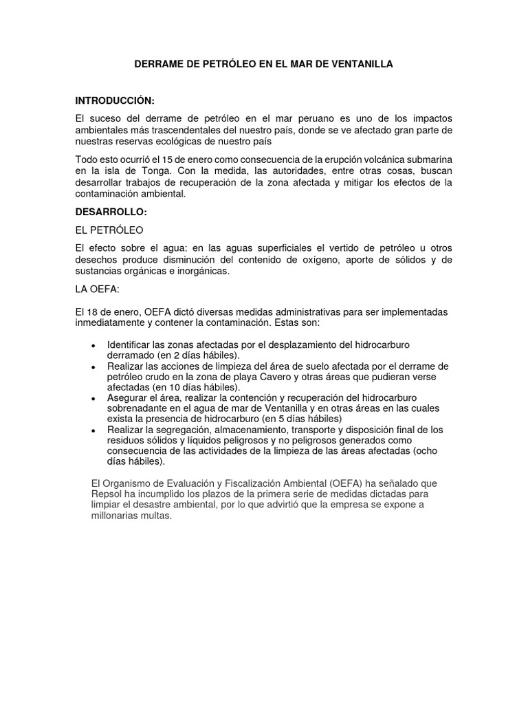Derrame de Petróleo en El Mar de Ventanilla | PDF | Petróleo | Derrame de petróleo
